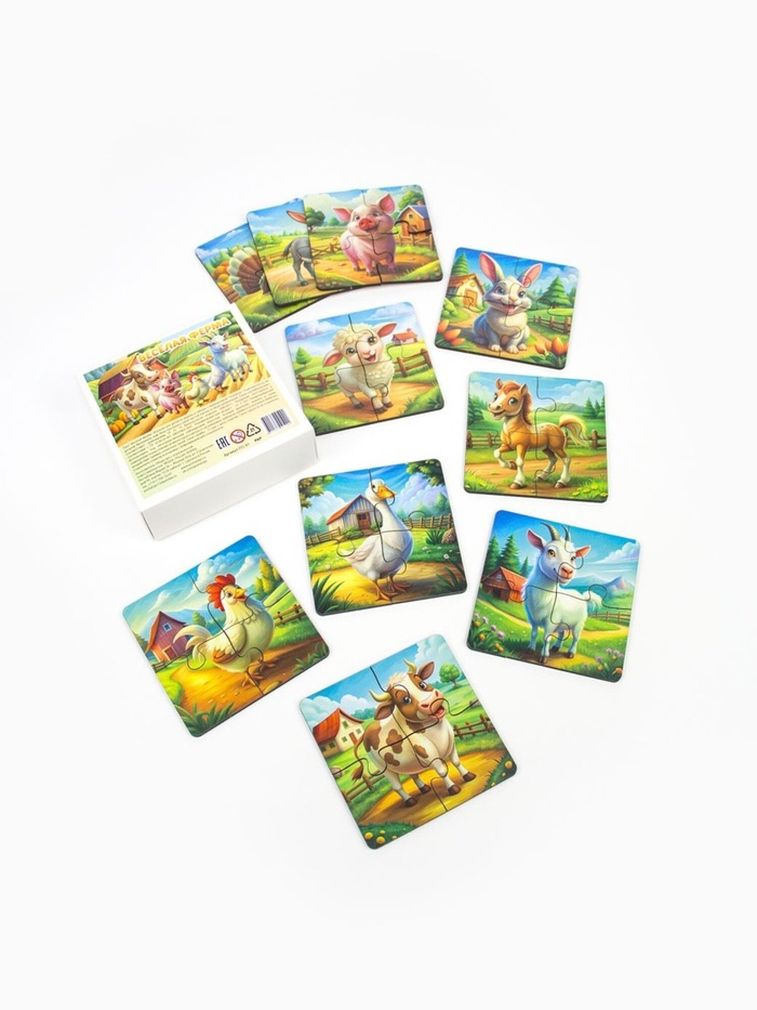 Пазл деревянный YOSHATOYS «Весёлая ферма», 9х9 см, 10 пазлов