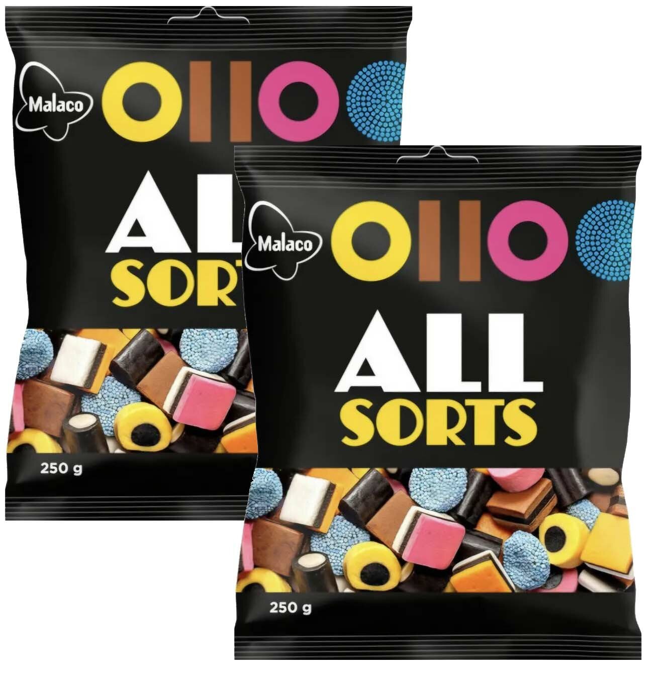 Конфеты лакричные ассорти Malaco OLLO Allsorts (Финляндия) 250 гр. х 2 шт.