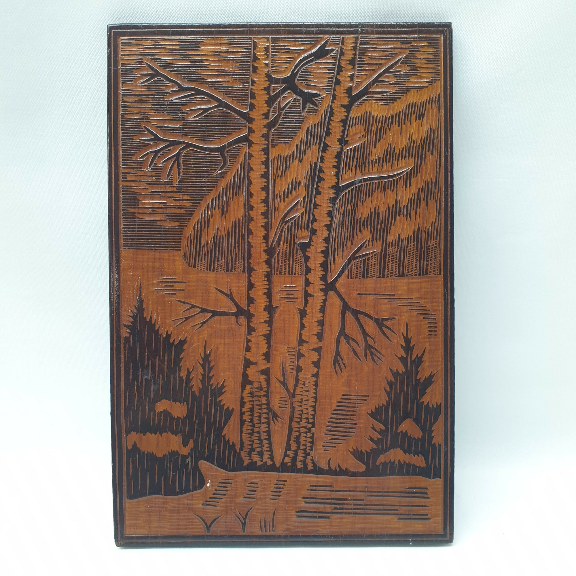 Винтажное панно Лес резьба по дереву 20х30 СССР