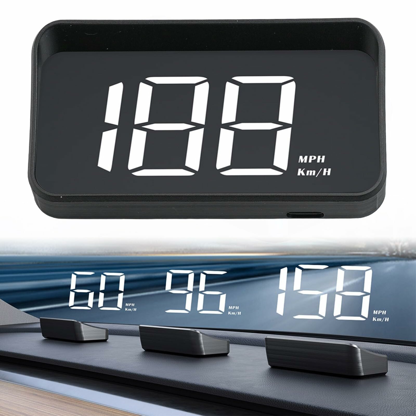 Head Up Display, проекционный на лобовое стекло, HUD автомобильный спидометр компас, цифровой спидометр для всех транспортных средств (км/ч), черный цвет, белый свет, размер 90*45*14 мм