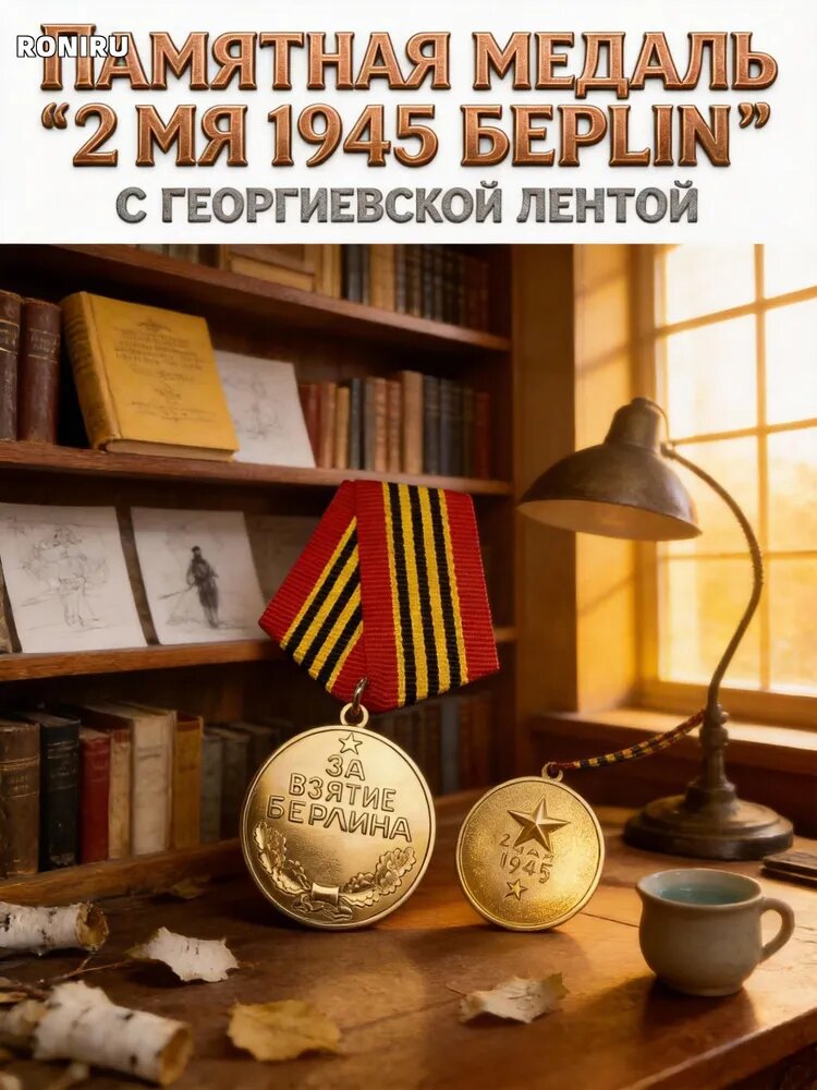Медаль 2 мая 1945, памятная реплика с георгиевской лентой, аверс с надписью за взятие берлина и дубовыми листьями, реверс с датой 2 МАЯ 1945 и звездой