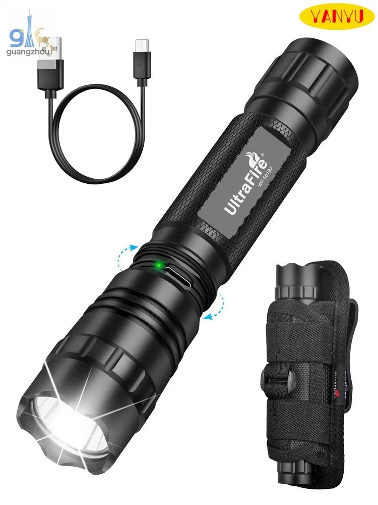 Тактический фонарь UltraFire WF-501BX, 1000 Лм, 250м, IP65, встроенный аккумулятор, 18650, 14.2x3.2x2.5см
