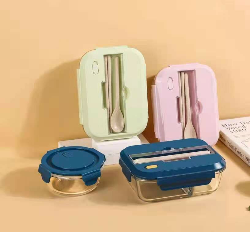 2-секционная стеклянная контейнер для еды из боросиликатного стекла, 1000 мл, розовая крышка - безопасная для