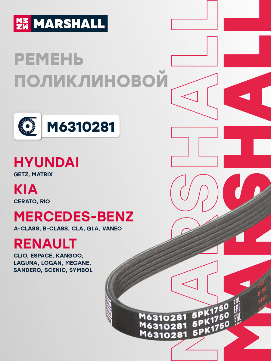 Ремень поликлиновой 5PK1750 Hyundai Хендай Getz Гетц, Kia Киа Cerato Церато, Rio Рио, Renault Рено Kangoo Кангу, Logan Логан, Megane Меган, Sandero Сандеро, Symbol Символ 8200833541
