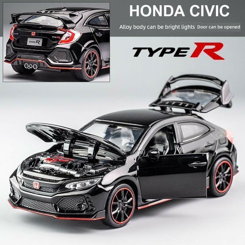Подлинная модель автомобиля Honda Civic Type R из алюминиевого сплава, черный, масштаб 1:18, подарок для ценителей
