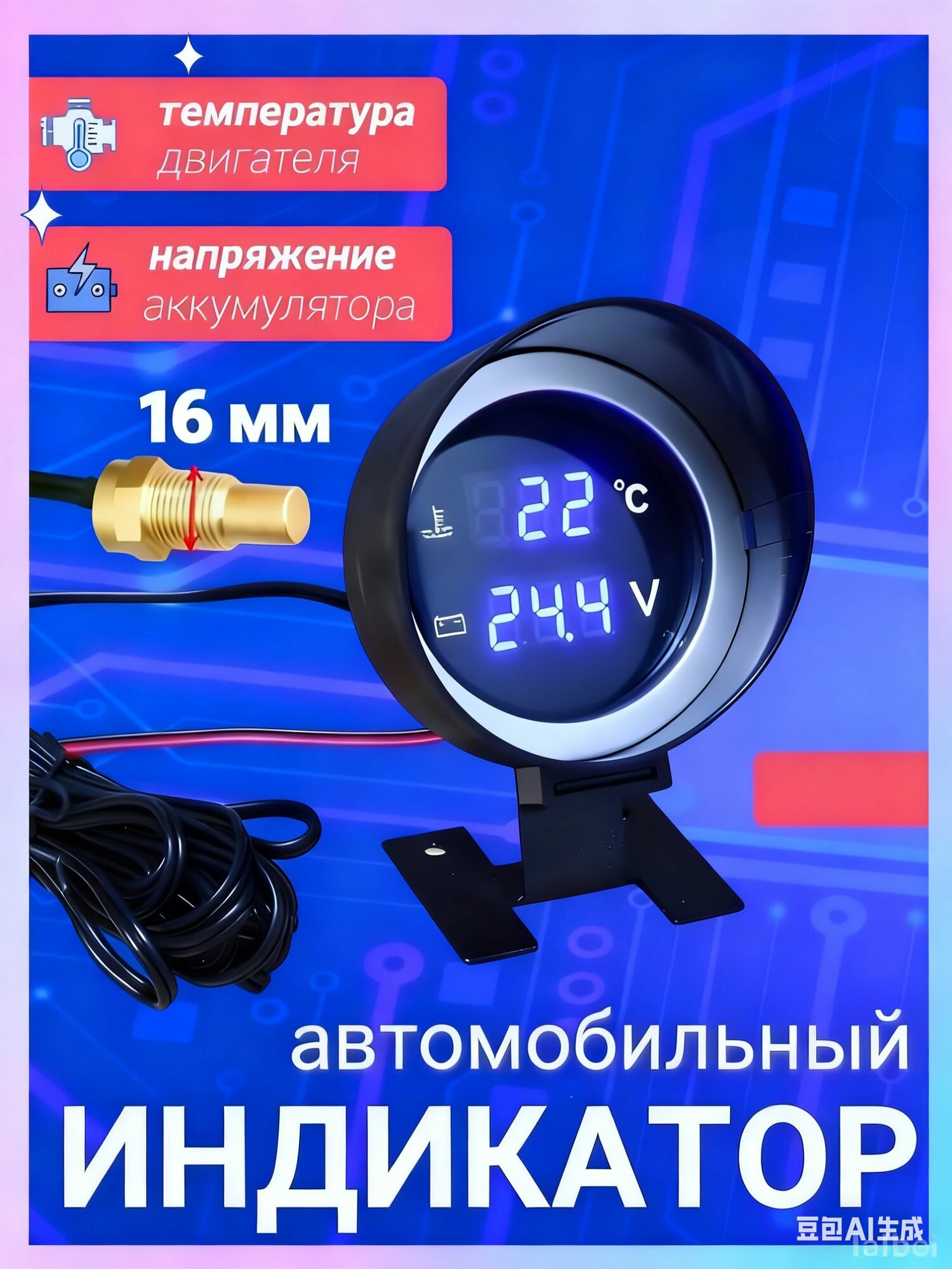 Датчик температуры двигателя с вольтметром цифровой 16мм