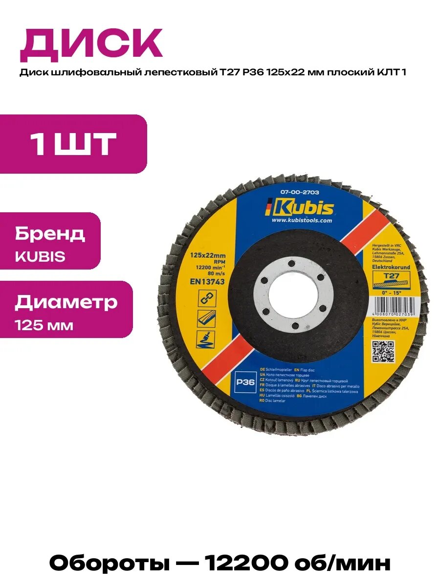Круг шлифовальный 125х22 мм Р36 Т27 КЛТ 1 плоский по дереву
