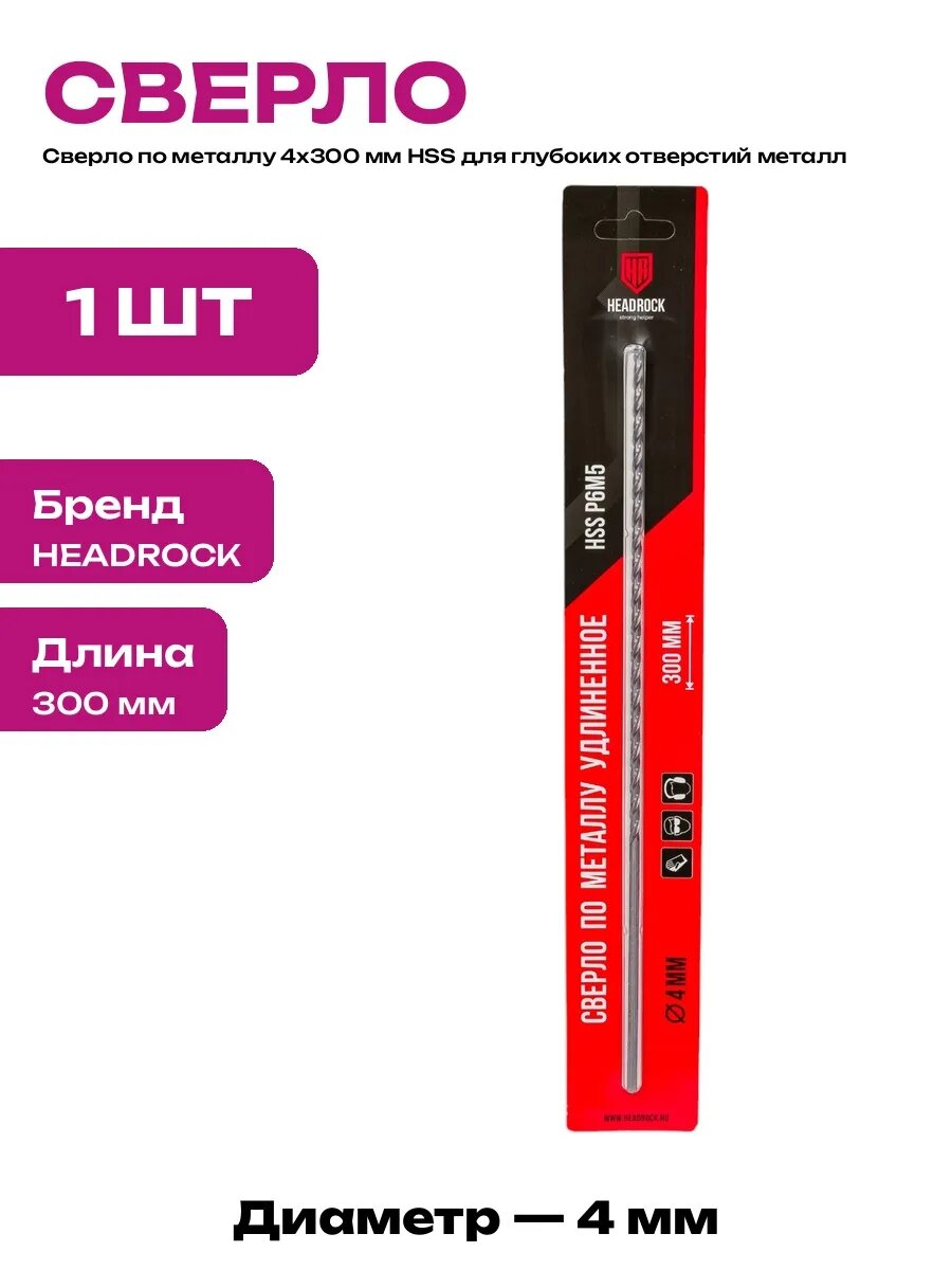 Сверло по металлу 4х300 мм HSS для глубоких отверстий металл