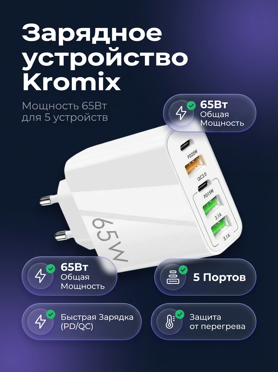 Kromix K22F02 белый СЗУ, 65Вт, USB Type-C, USB 2.0 Type-A, USB 3.1 Type-A