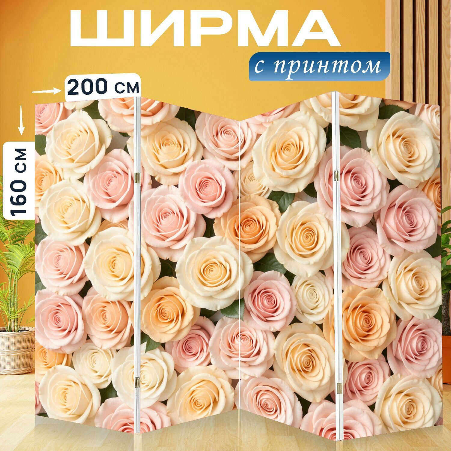 Ширма "Нежные розы пастельных оттенков. Плотная цветочная композиция из распустившихся бутонов в кремовых." перегородка для зонирования комнаты с принтом 200x160 см. на холсте