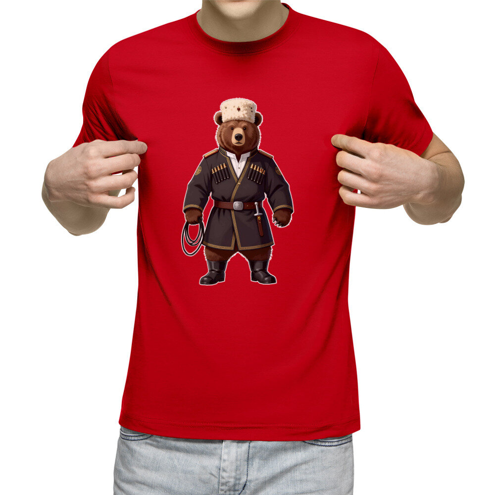 Мужская футболка «Медведь казак» (красный, 2XL)