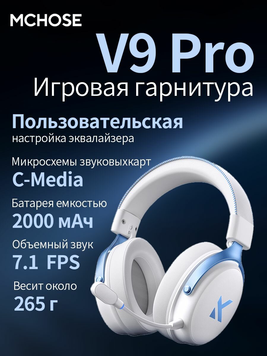 MCHOSE Наушники с микрофоном Mchose V9 PRO, Радиоканал, Bluetooth, USB Type-C, белый, синий
