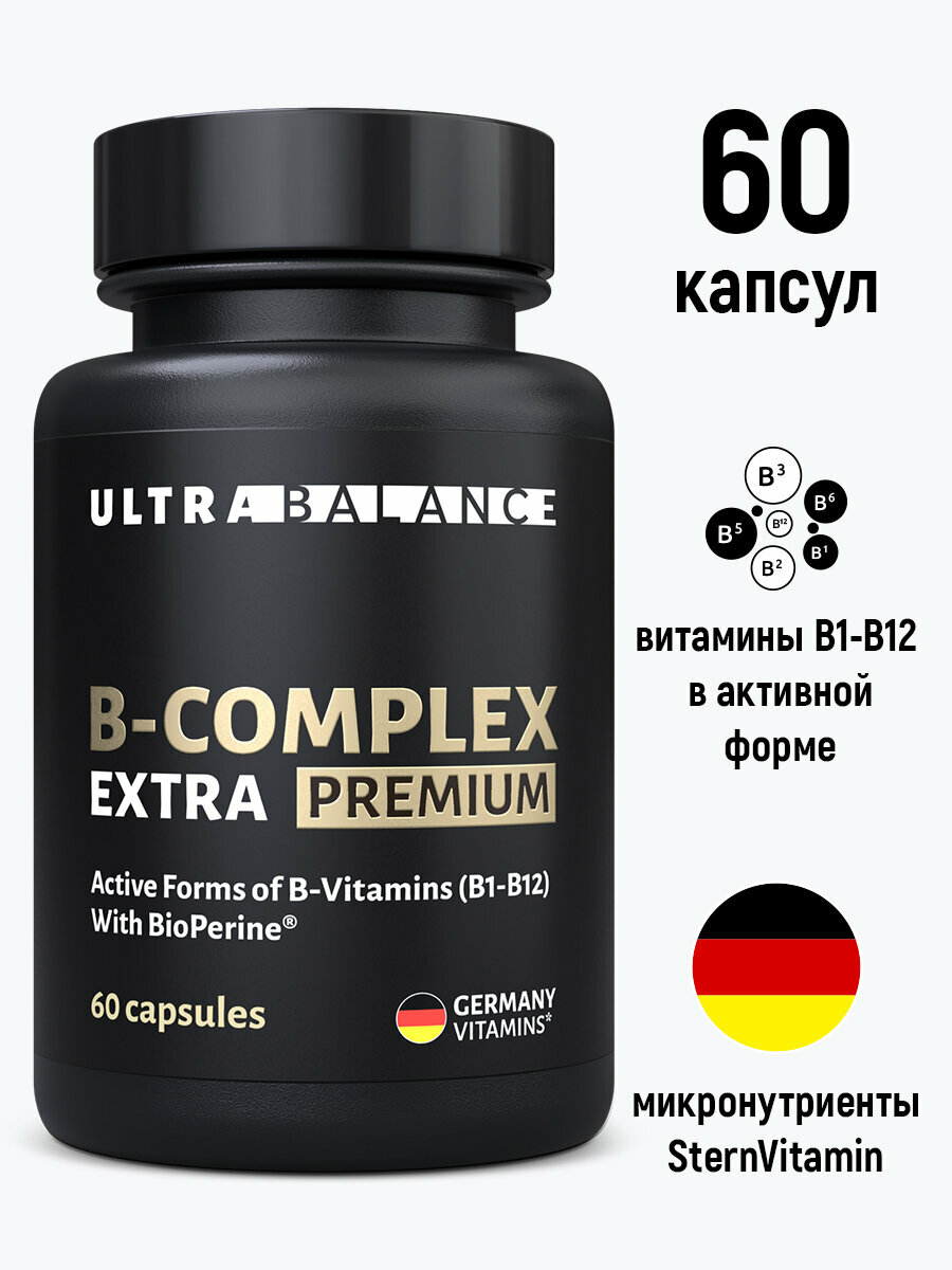 Комплекс витаминов группы B UltraBalance В1-В12 б БАД для энергии, красоты кожи и волос, для женщин и мужчин, 60 капсул