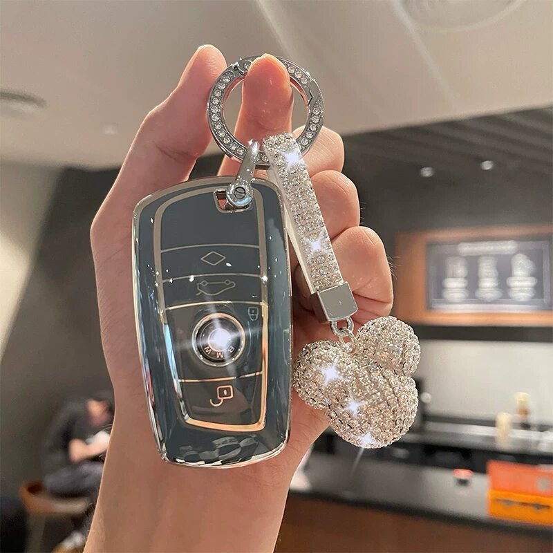 Чехол для ключа BMW для 5-й серии, стиль B Smart, серый, кристаллическое кольцо и мишки-шарм, прочный пластик, подходит