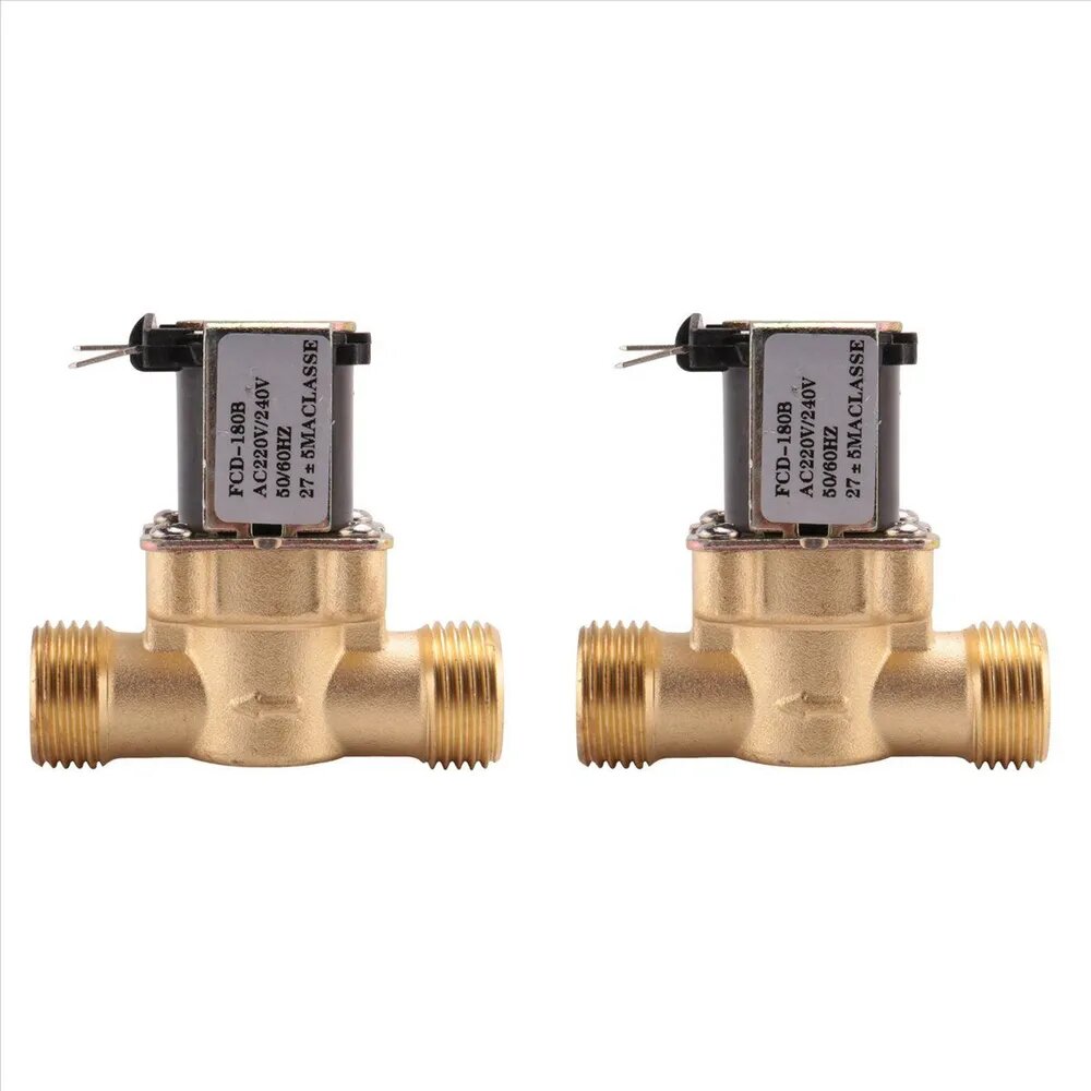 Два электромагнитных клапана диаметром 1/2 дюйма, нормально закрытые, из латуни, для управления подачей воды и насосов для химических жидкостей, напряжение 220 В.