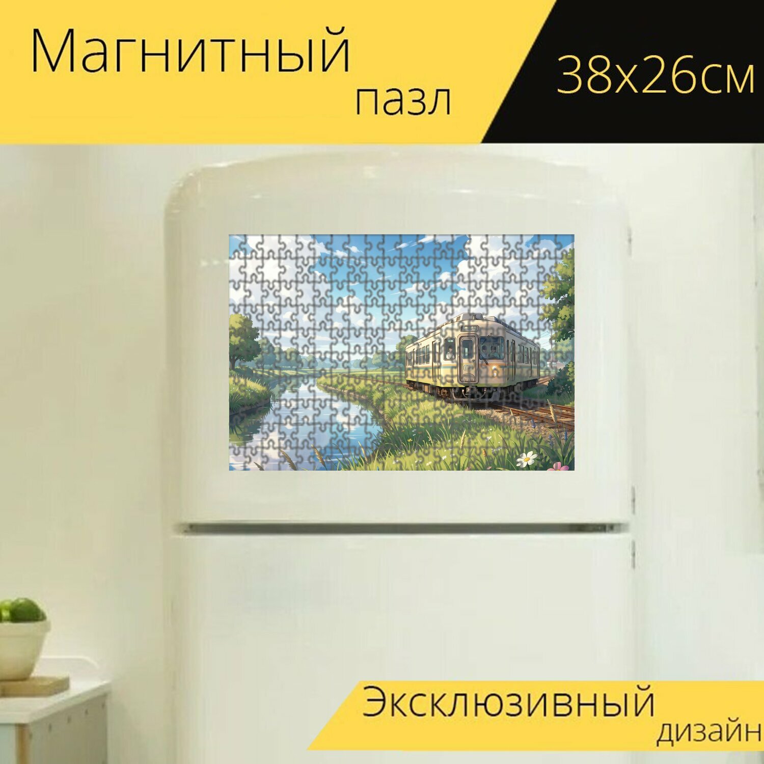 Магнитный пазл "Поезд у реки в летний день. Аниме-пейзаж с электричкой, идущей вдоль тихого водоема среди зеленых лугов и диких цветов. Яркое голубое небо с." для интерьера, 38х26 см.