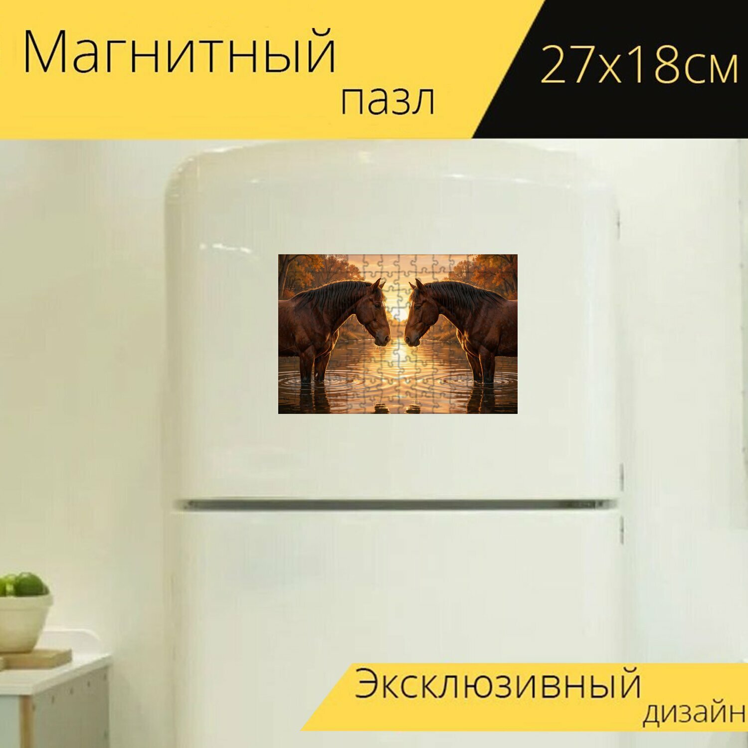 Магнитный пазл "Две лошади у реки на закате. Симметричная сцена с парой гнедых коней в воде, теплое золотистое небо, осенний лес и мягкие отражения в." на холодильник 27 x 18 см.