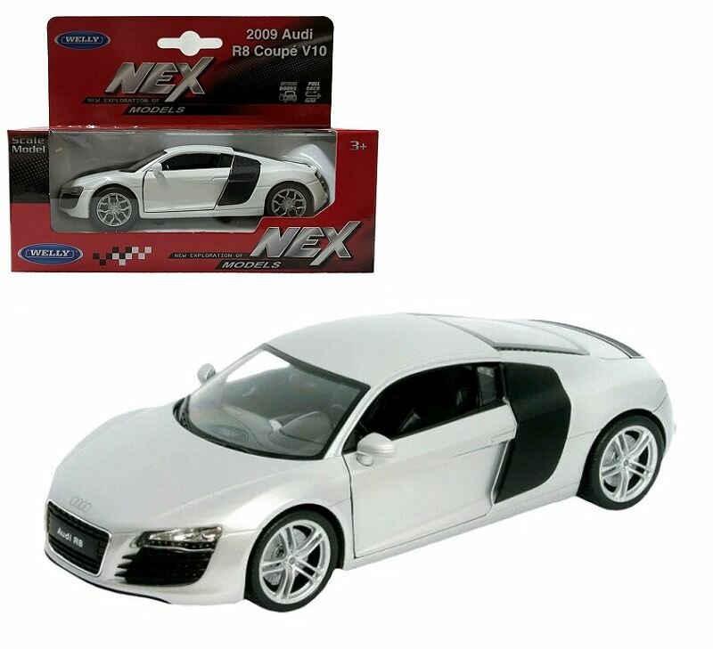 Машинка Welly Audi R8 V10 2009. масштаб 1:38, пружинный механизм, белый цвет
