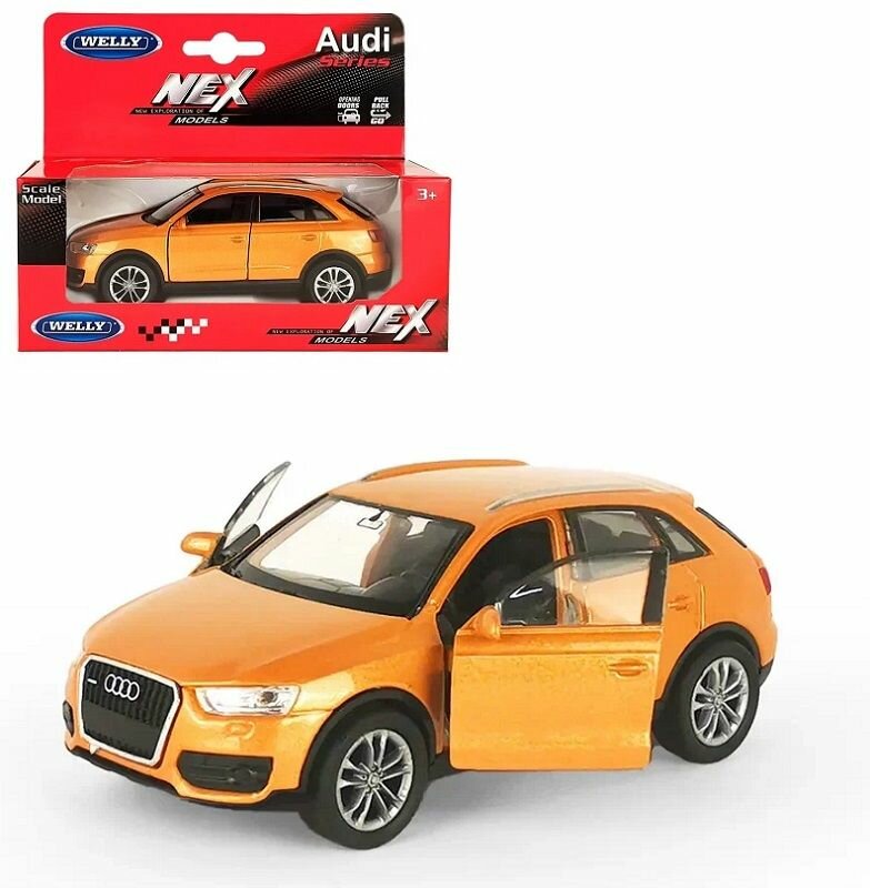 Машинка Welly Audi Q3. масштаб 1:38, металлическая, пружинный механизм, оранжевый цвет