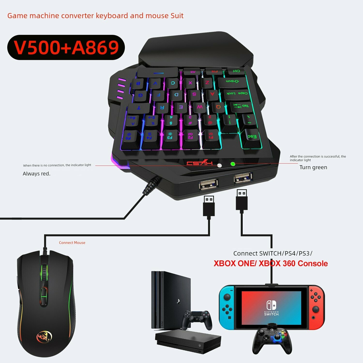 V500+A869 Набор клавиатуры и мыши с встроенным конвертером для PS3 PS4, совместимость с проводными контроллерами