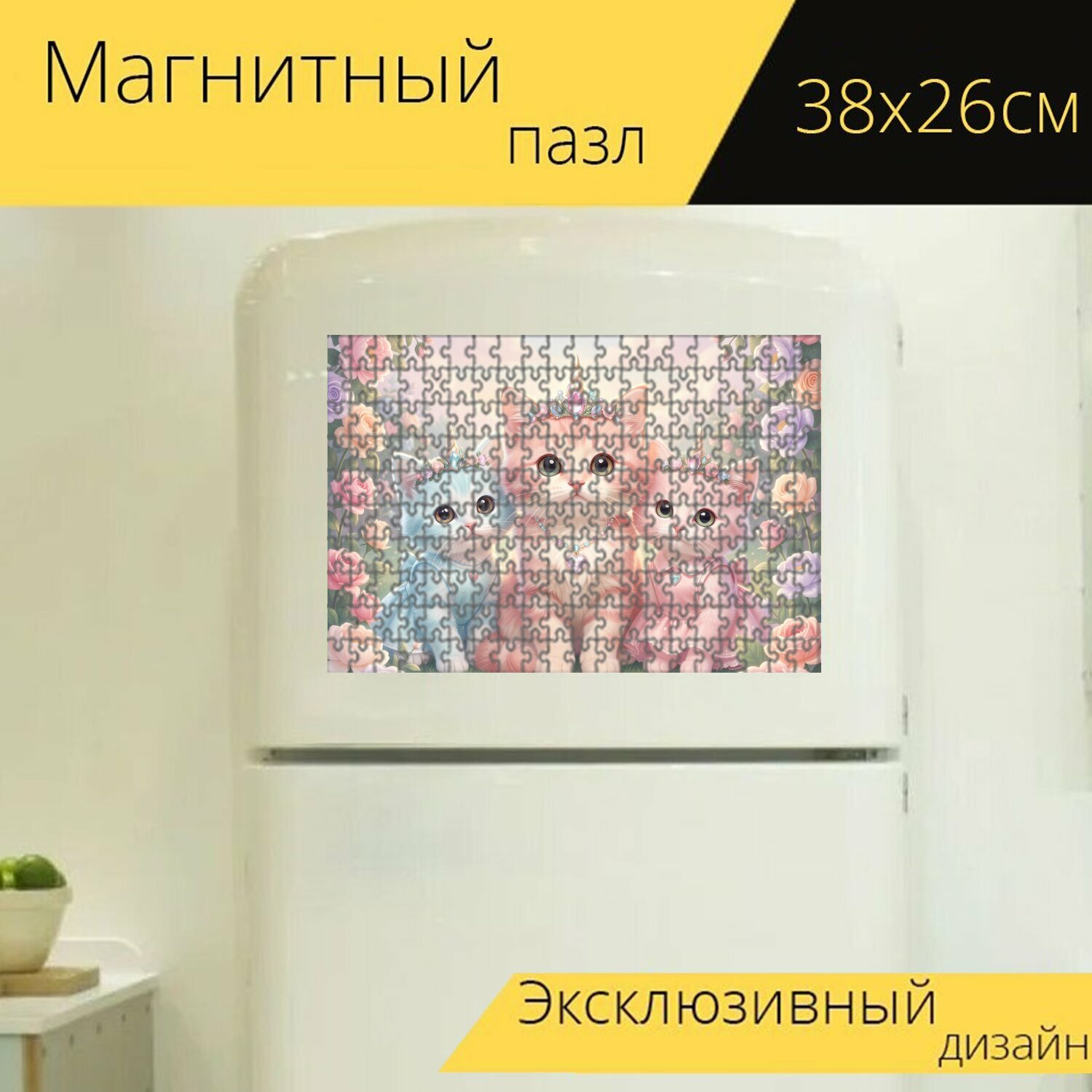 Магнитный пазл "Три котенка-единорога в цветах. Нежная сказочная иллюстрация с милыми кошечками в коронах и платьях, пастельные розовые, голубые и сиреневые." для интерьера, 38х26 см.