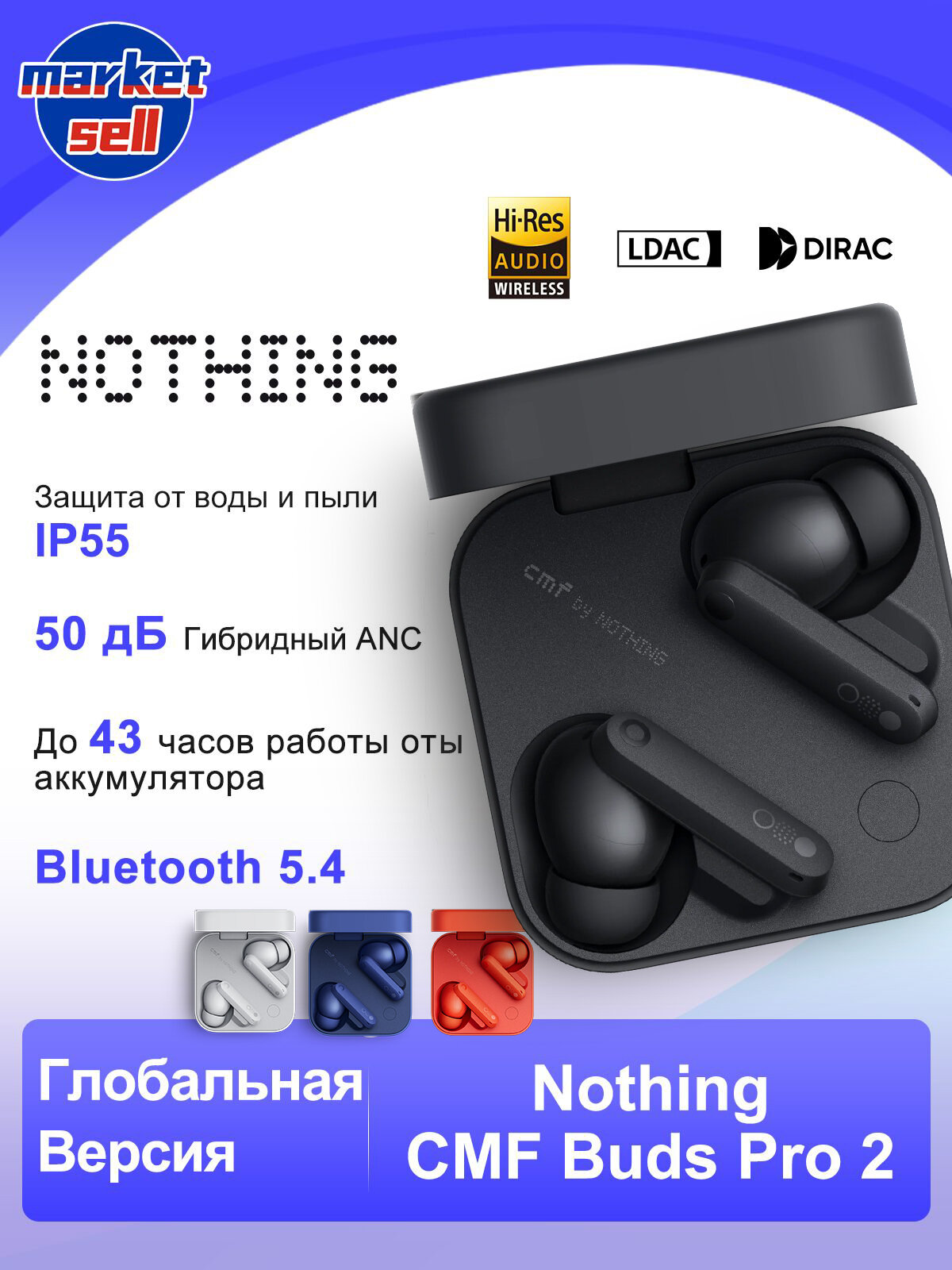 Nothing Наушники беспроводные с микрофоном CMF Buds Pro 2, Bluetooth, USB Type-C, темно-серый, черно-серый