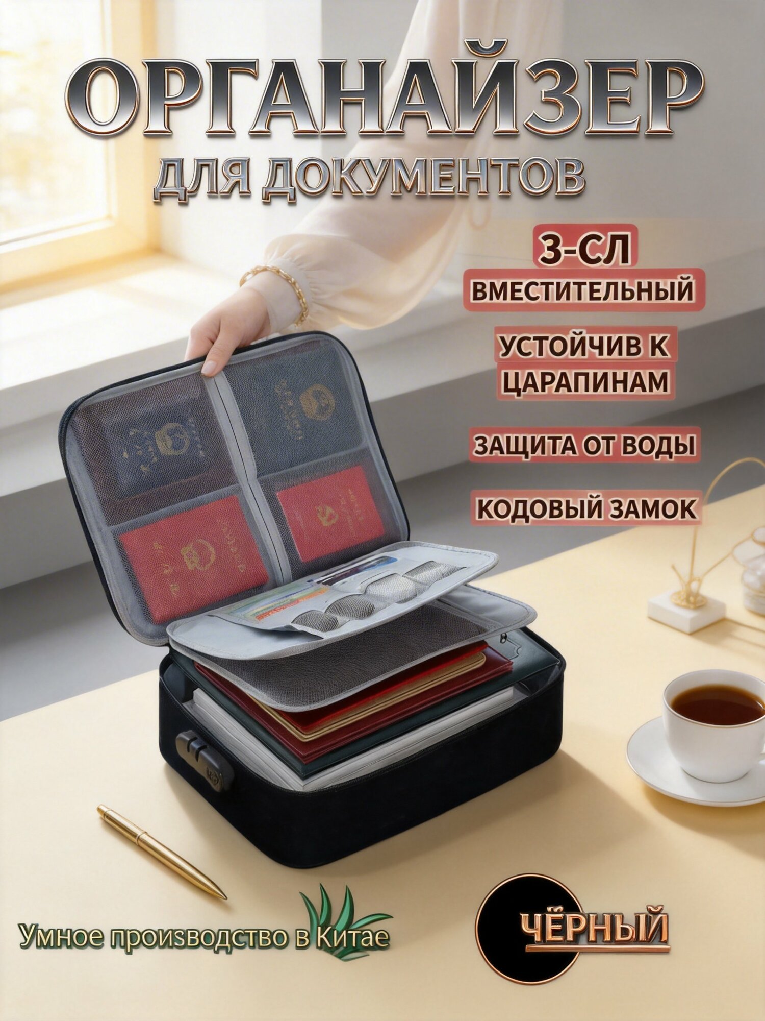 Органайзер для документов — водонепроницаемый чехол с комбинированным замком и 4 отделениями, эргономичная ручка