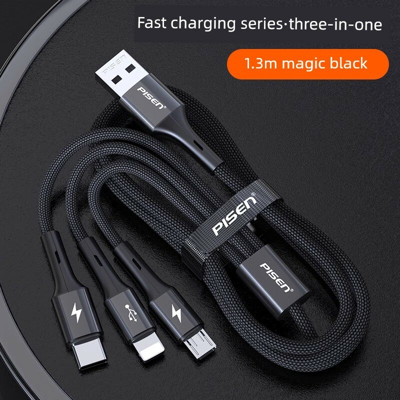 Комплект USB-C кабеля с 5А быстрой зарядкой 3-портового, магический черный 1,2 м для iPhone и Android