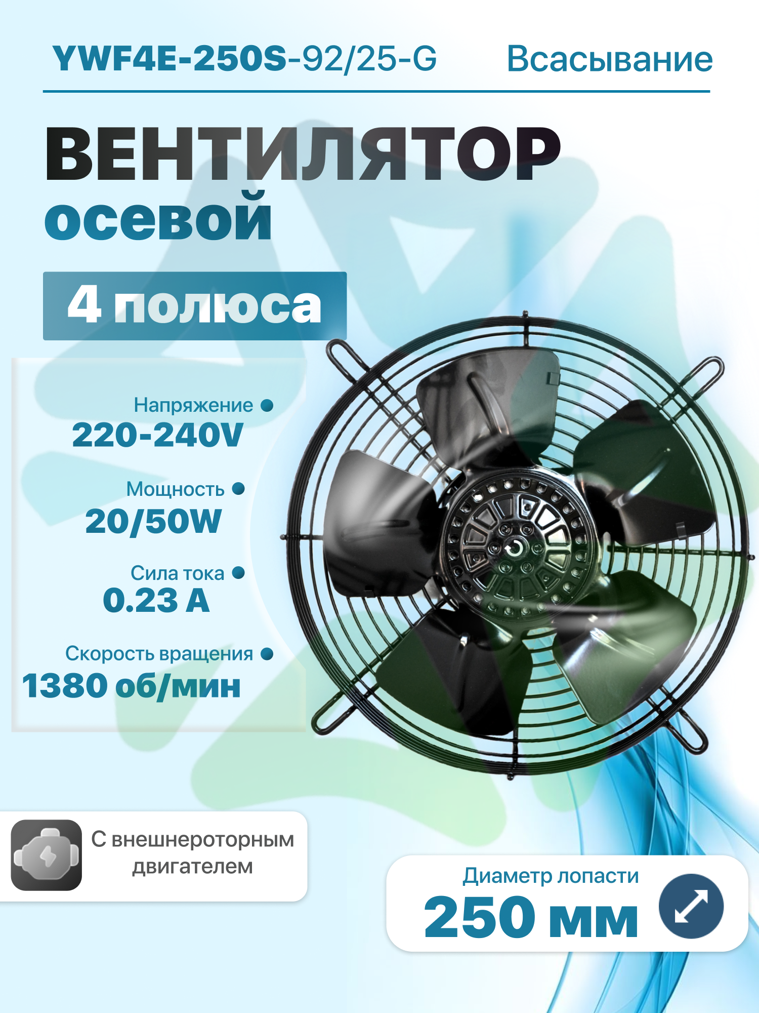 Вентилятор осевой YWF4E-250S всасывание в сборе с защитной решеткой