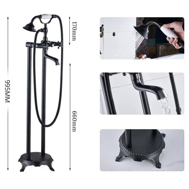 Украшение для ванны Uythner Gold Floor Mounted с двумя ручками, набор для ванной и душа, свободно стоящий смеситель для ванны с ручным душем — черно-бронзовый B