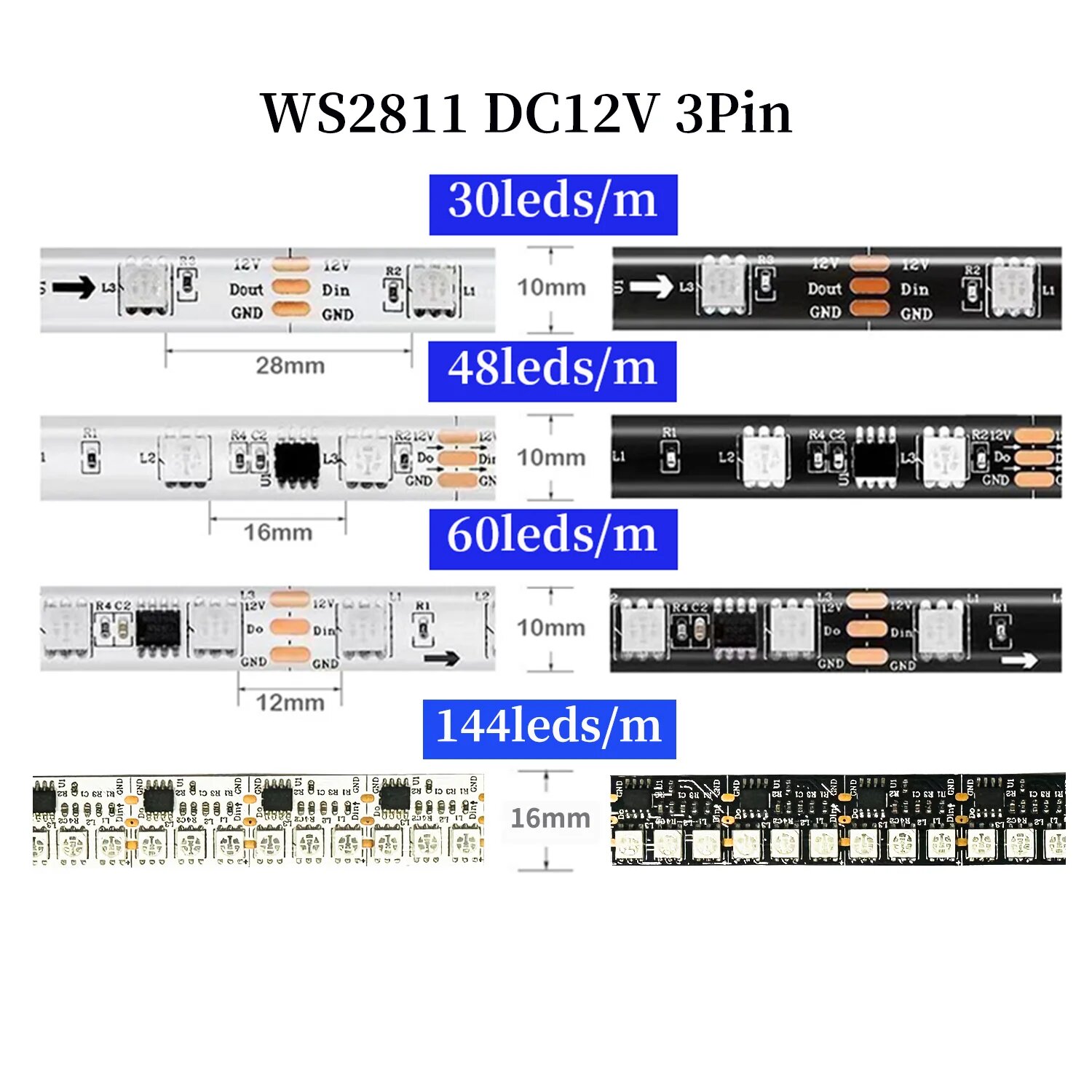 Светодиодная лента WS2811 3Pin 12V 60 LED/m 5M
