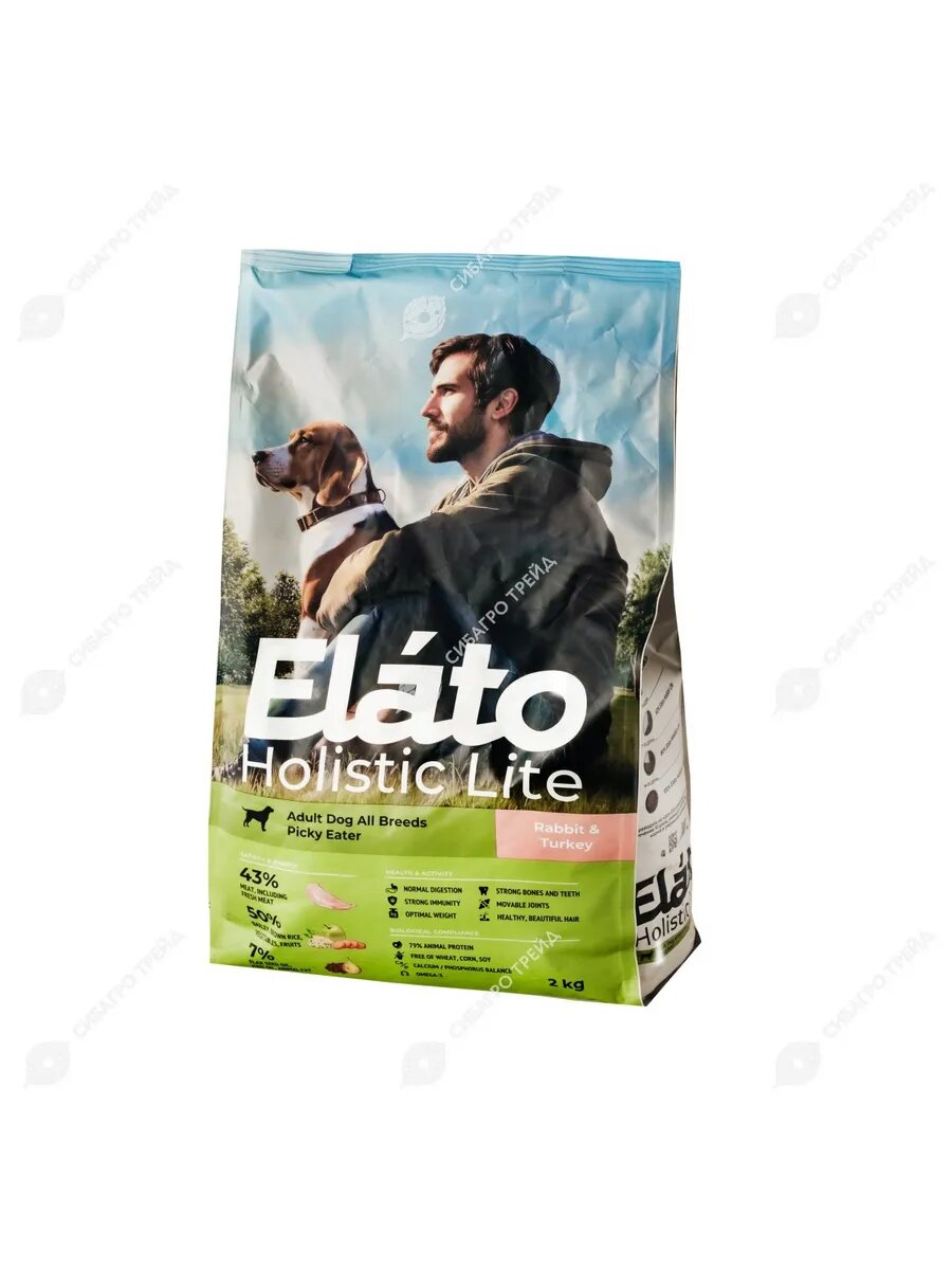 Сухой корм Elato Holistic Lite, для взрослых собак, с кроликом и индейкой, 43% мяса, 2 кг