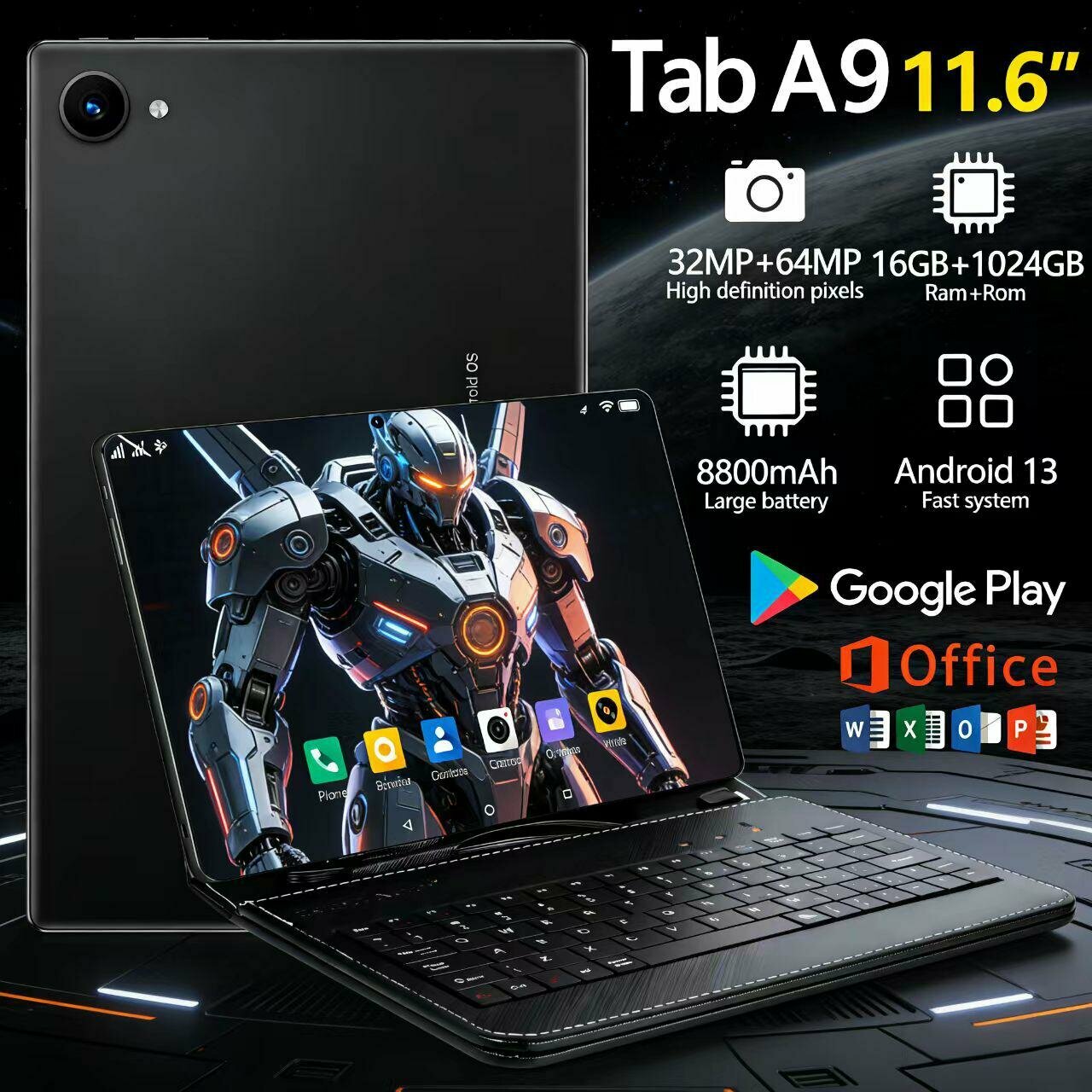 Игровой планшет TabA9, Android 13, 12 ядер, 64MP, Full HD 11.6", 16ГБ, 1ТБ
