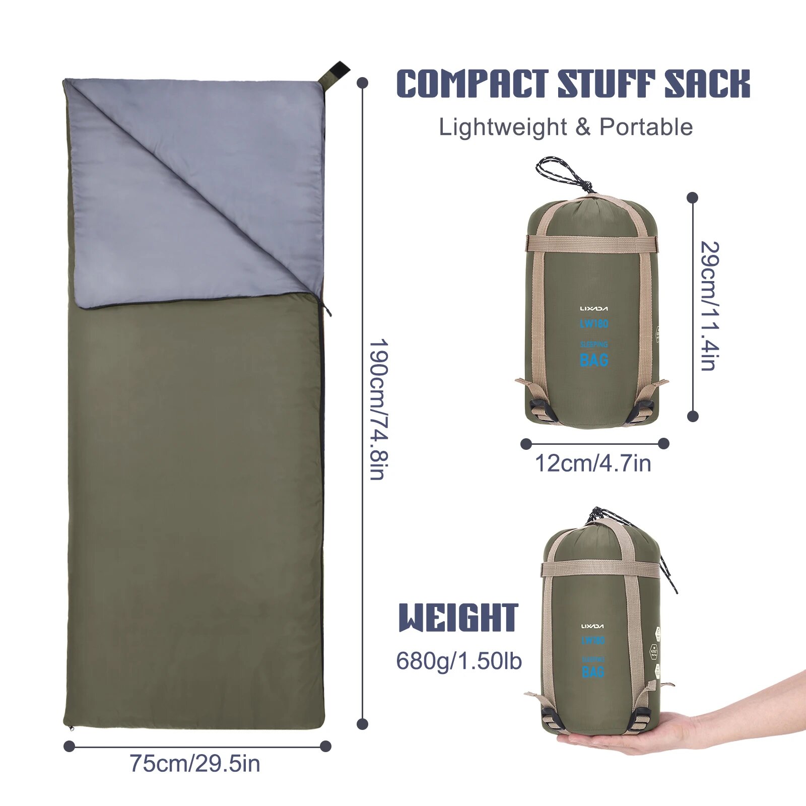 Спальный мешок Lixada 3 сезона, 75x190 см, army green