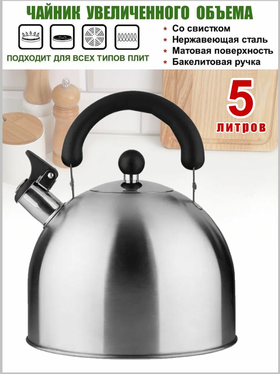 Чайник 5 литров, из нержавеющей стали со свистком, с бакелитовой ручкой, матовый