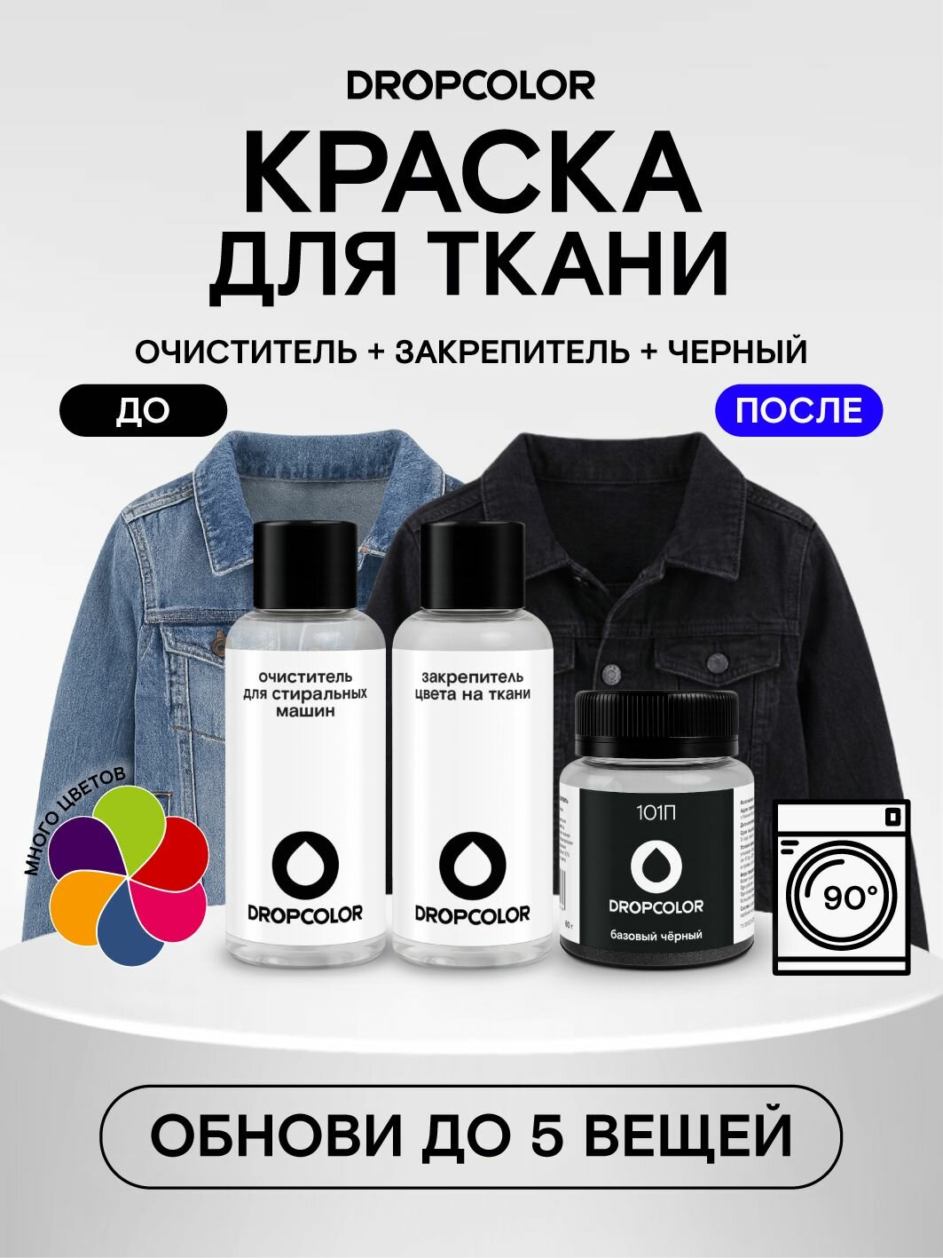 Краска для ткани черная с закрепителем цвета и очистителем для стиральных машин, Dropcolor, краска для одежды, джинс, хлопка, черный