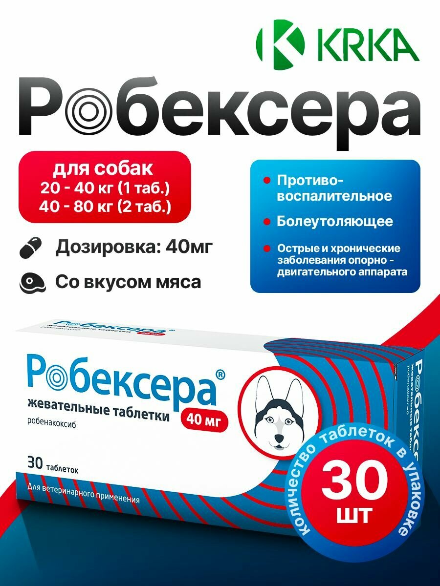 Противовоспалительные таблетки Робексера для собак, 40 мг, 30 таблеток, крка
