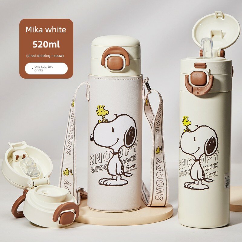 Кружка Snoopy бежевая 520 мл, двойное питье, пищевая нержавеющая сталь 316, портативная школьная бутылка Disney
