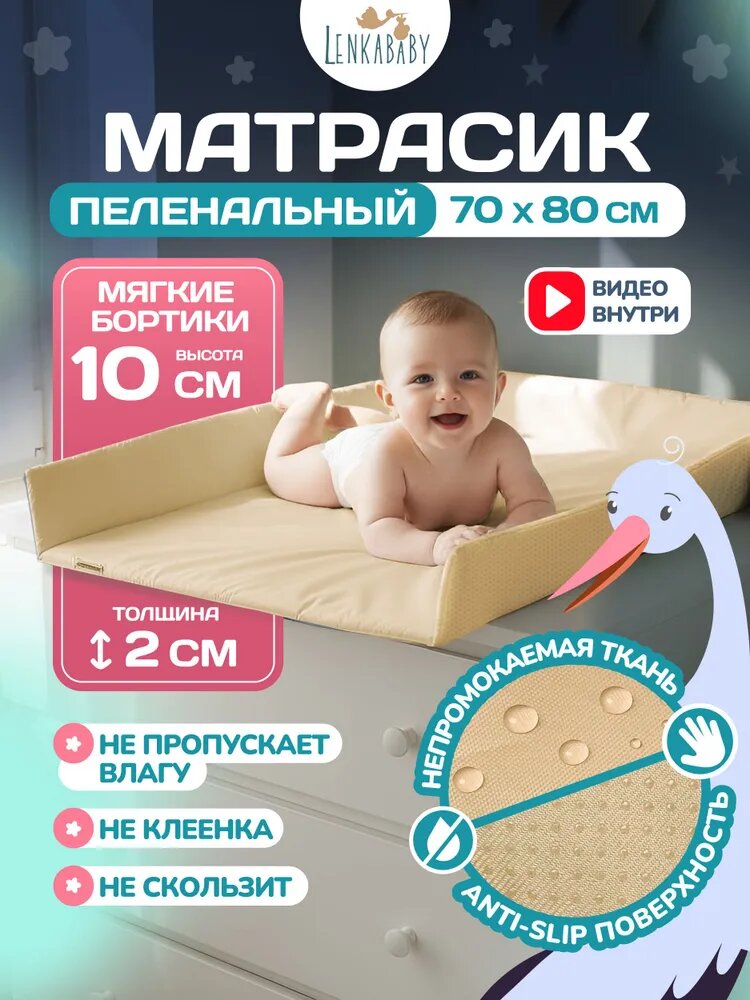 Матрас для пеленания водонепроницаемый 70*80 с бортиками и антислип поверхность