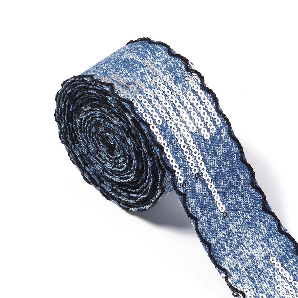 Джинсовая лента с блестками 25/40 мм Sequins Dark Blue, 25mm 5yards