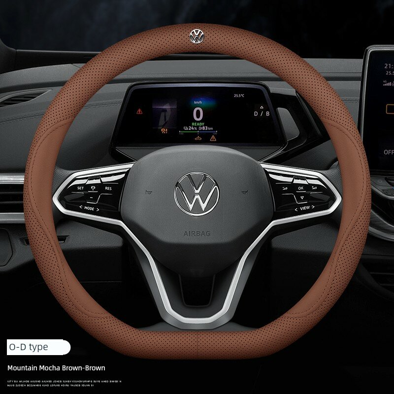 Накладка на руль Volkswagen Golf из натуральной кожи D-формы, одна вставка, с логотипом VW, мокка браун