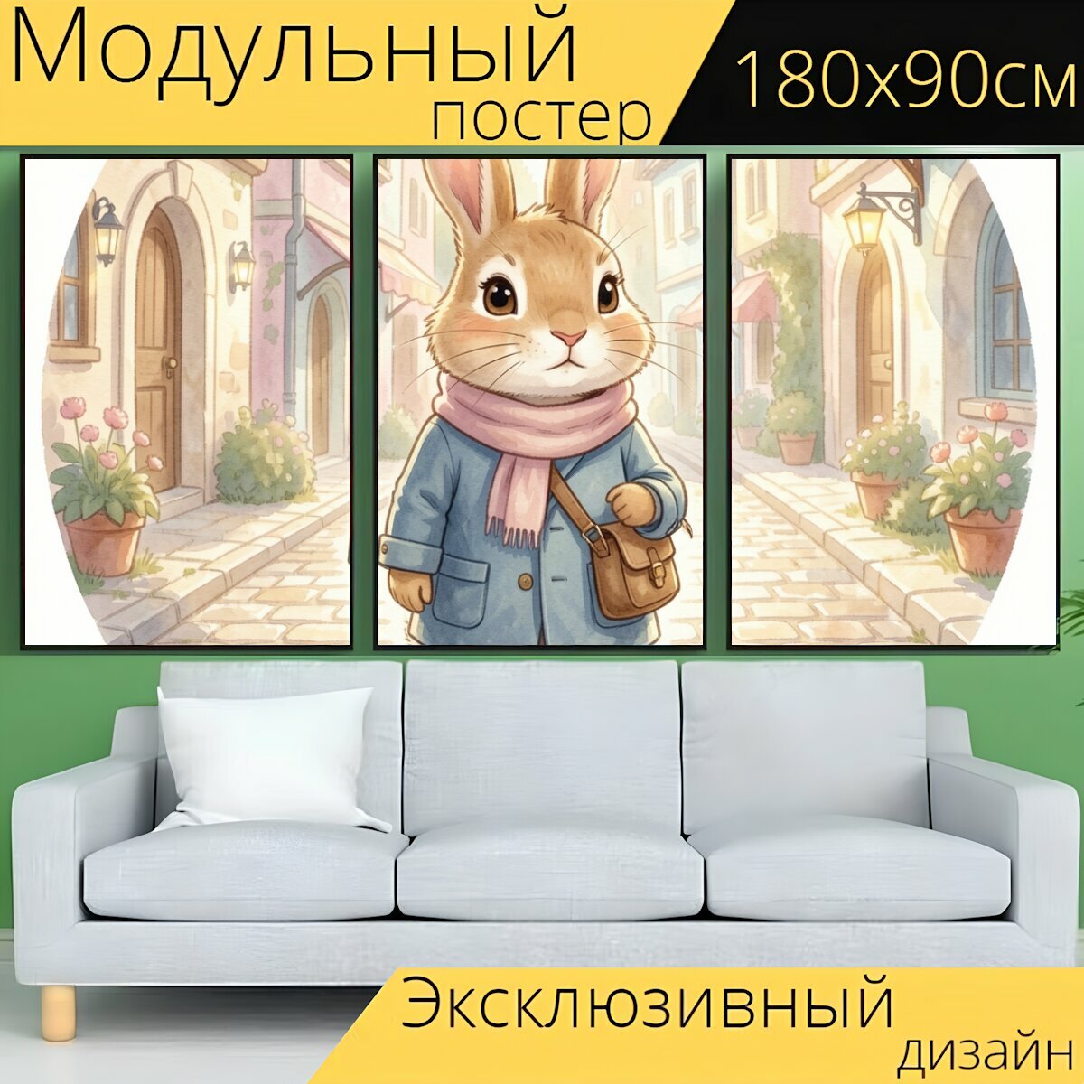 Модульный постер "Заяц в пальто на улице. Милый антропоморфный кролик в синем плаще, с розовым шарфом и сумкой стоит на уютной." 180 x 90 см. для интерьера на стену в тубусе