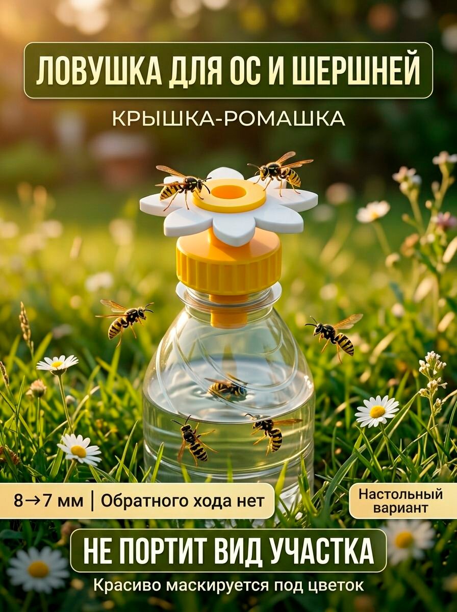 Ловушка для ос и шершней. Крышка-ромашка. Настольный вариант. Подходит на ПЭТ-бутылку. Многоразовая, 150 мл, 1 шт, Желт