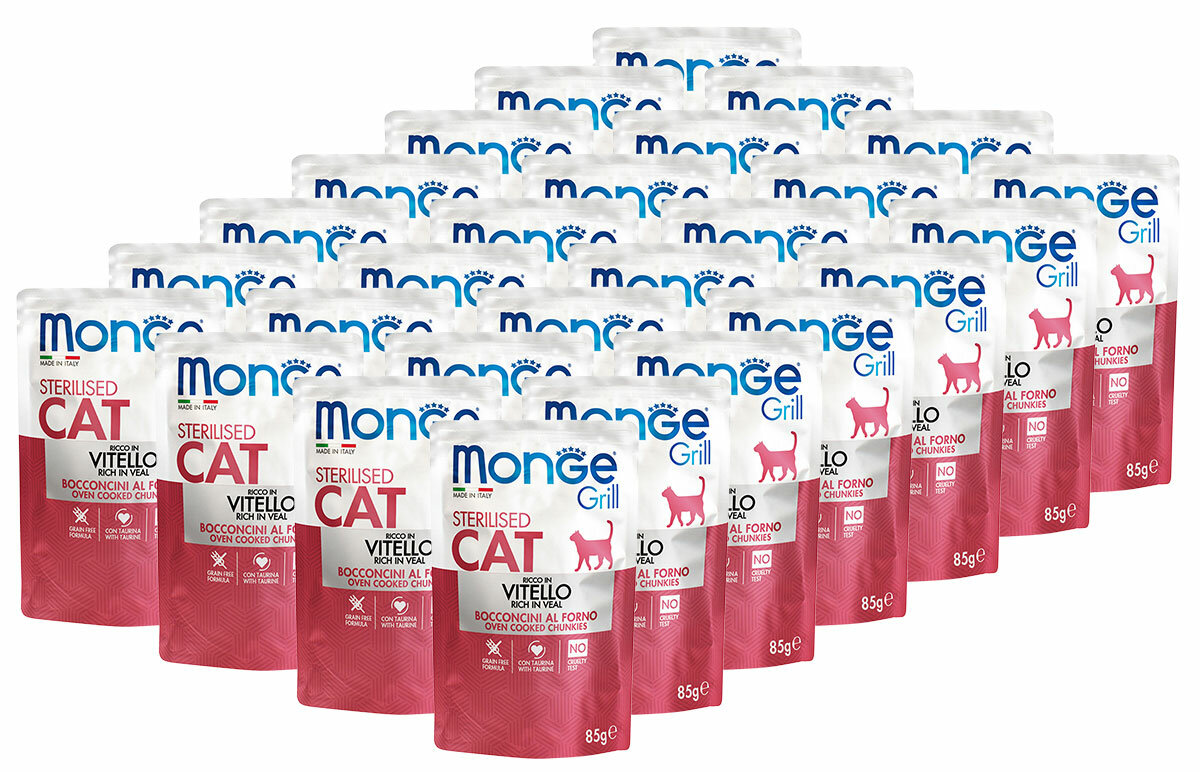Корм влажный Monge Grill Pouch Cat Sterilised для взрослых кастрированных котов и стерилизованных кошек с телятиной пауч, 85 г 28 шт