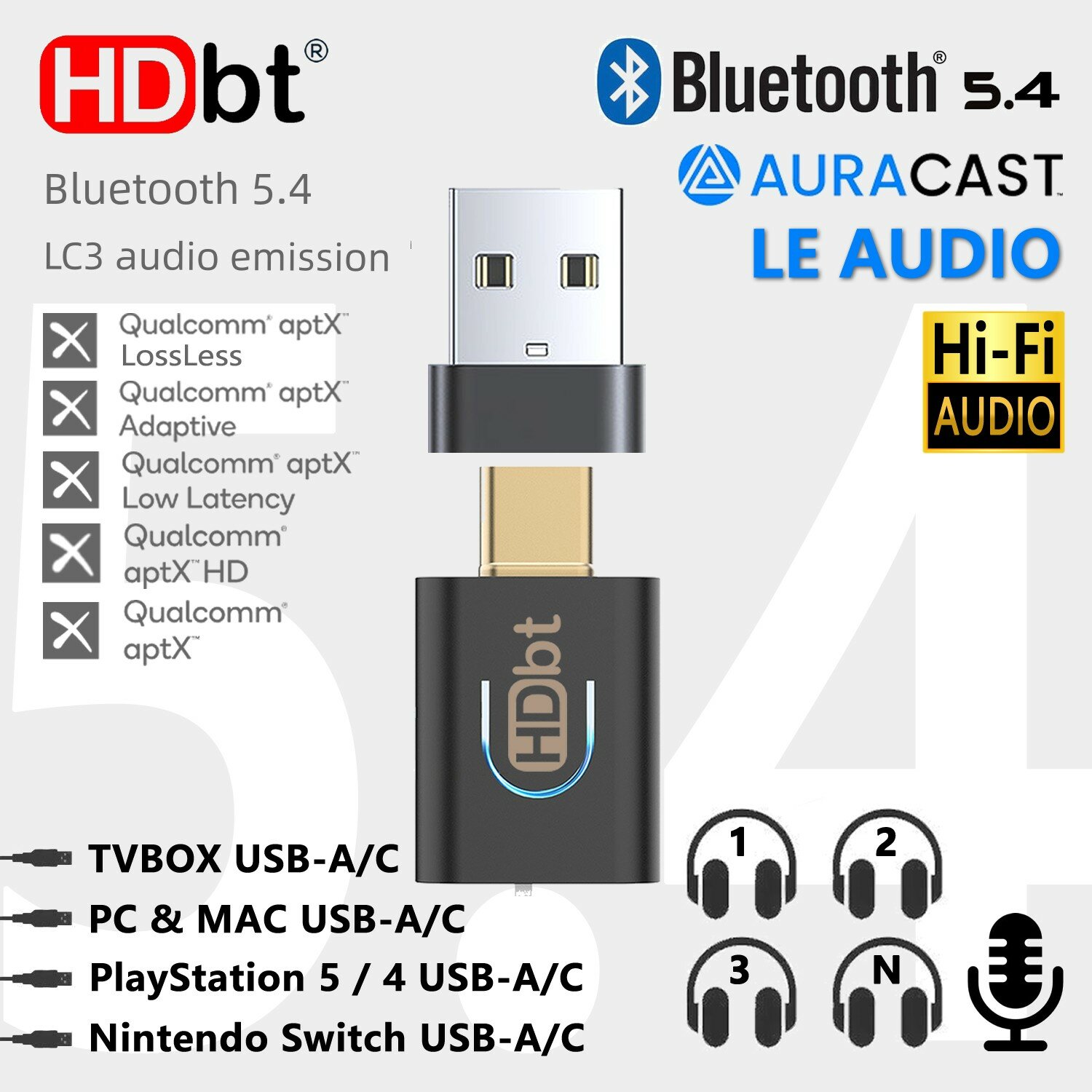 USB Bluetooth 5.4 передатчик B52LE+ LC3 LEAudio aptX HD без потерь