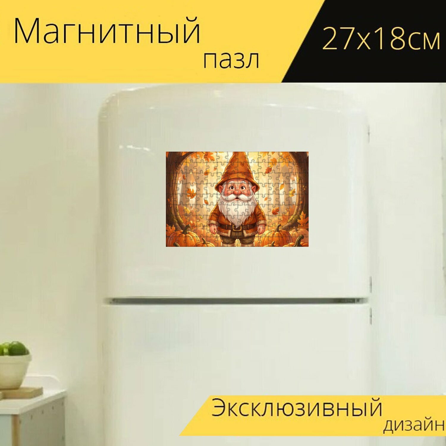 Магнитный пазл "Гном в осеннем лесу с тыквами. Сказочный персонаж в рыжевато-коричневой одежде среди ярких осенних деревьев, опавших листьев и тыкв." на холодильник 27 x 18 см.