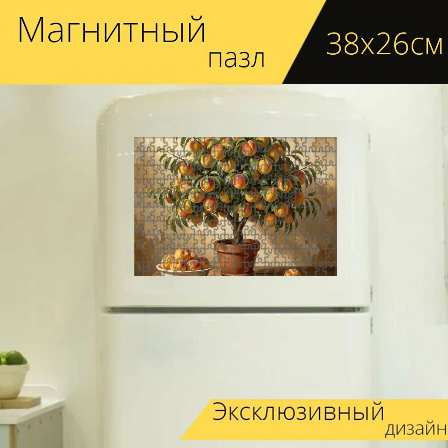 Магнитный пазл "Персиковое дерево в горшке. Живописная композиция с плодовым деревцем, усыпанным спелыми оранжево-розовыми фруктами, на столе рядом с миской." для интерьера, 38х26 см.