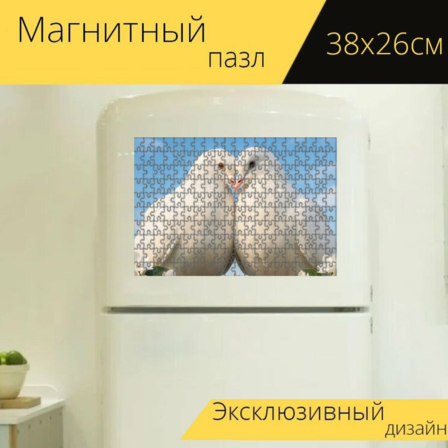 Магнитный пазл "Белые голуби с цветами. Нежная романтичная композиция с парой белоснежных птиц, прижавшихся друг к другу на фоне голубого неба. Внизу — ." для интерьера, 38х26 см.