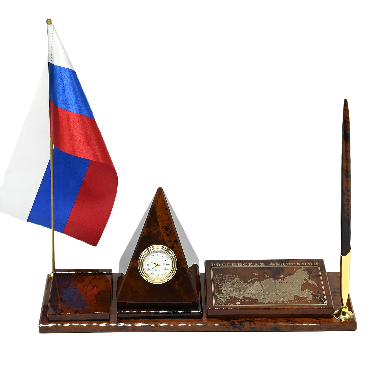 Письменный прибор из обсидиана с часами Карта РФ330*110*135мм.