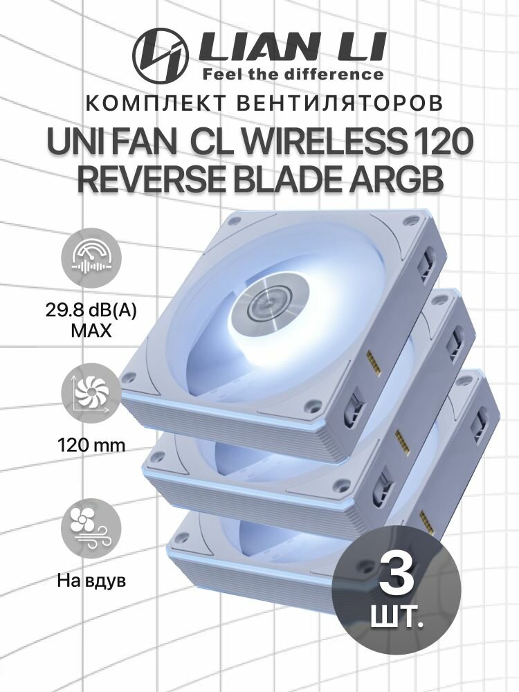Комплект вентиляторов для корпуса 3 шт. Lian Li UNI FAN CL WIRELESS 120 Reverse Blade / 12RCL1W1W WHITE / 120x124x28мм (PWM, ARGB, 2150 об/мин (Max.), 30,8dBa) / G99.12RCL1W1W. R0